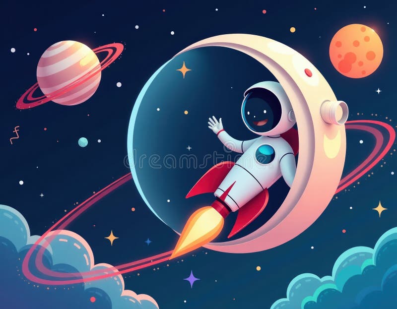 Cute Astronaut on Rocket Ship in Space Stock Illustration ...