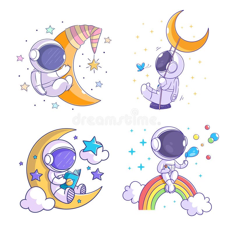 Cute Astronaut Sitting on the Moon Cartoon Style Set Stock Vector ...