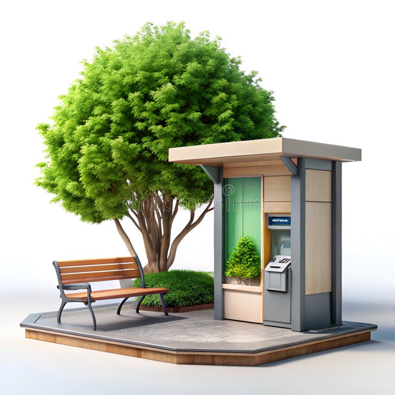 "59","Cute ATM Kiosk 3D Render Design Outdoor Scene Tree Bench Stock ...