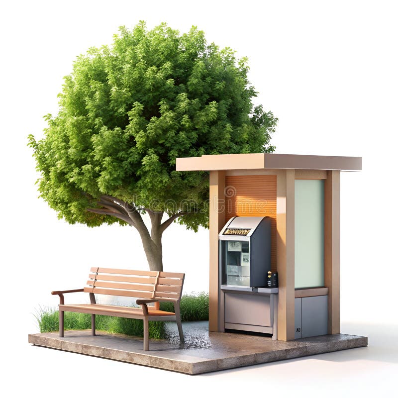 Cute ATM Kiosk 3D Render Design Outdoor Scene Tree Bench Isolated on ...