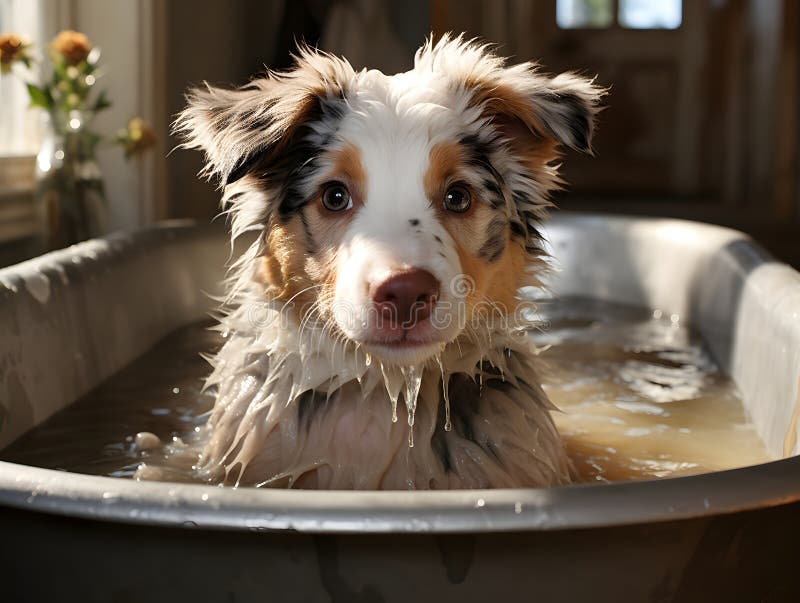 Cute Australian Shepherd is Bathing in a Bubble Bath. AI Created. Stock ...