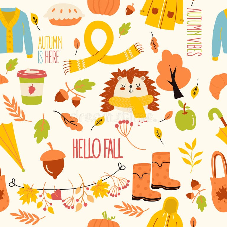 Cute Autumn Coziness Pattern. Seamless Pattern Fall Elements Stock ...