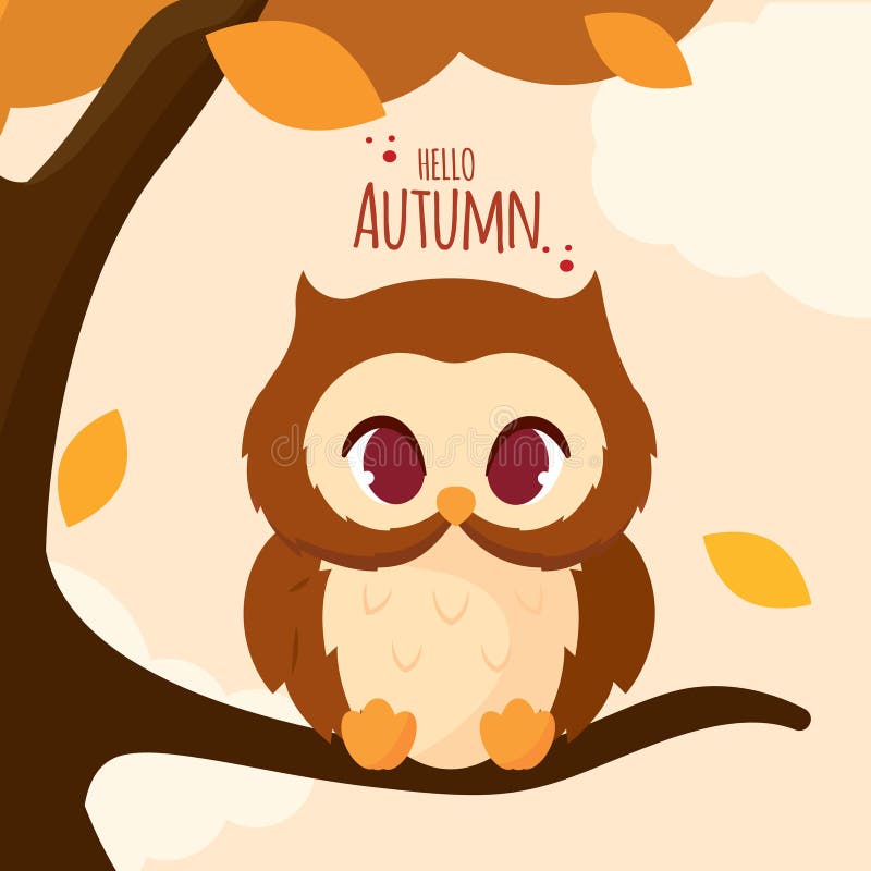 Cute Autumn Owl on Tree with Hello Autumn Text, Vector Stock Vector ...