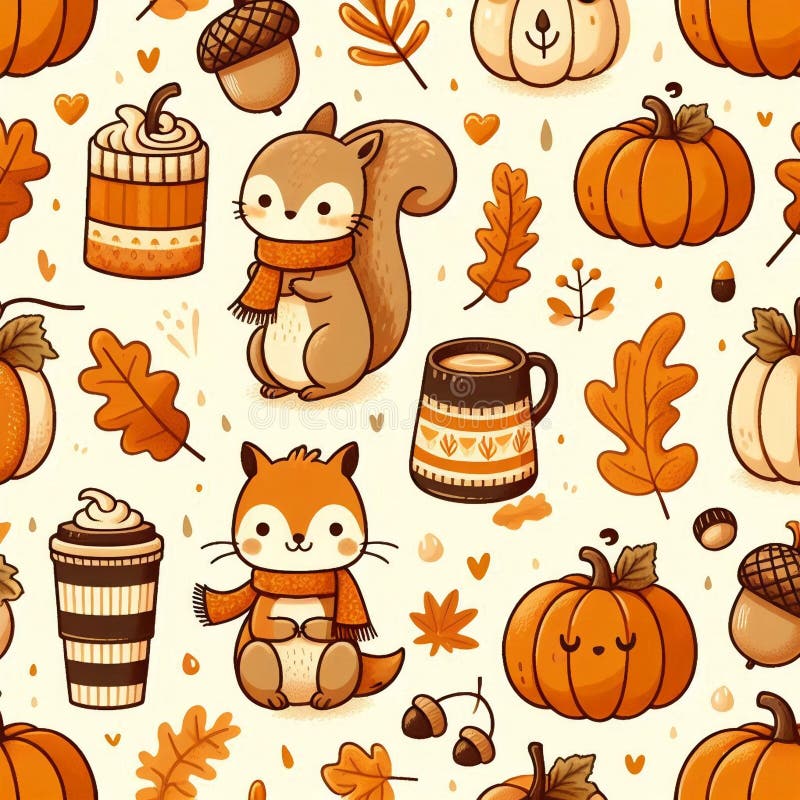 Cute Autumn Seamless Pattern with Squirrels, Pumpkins, and Warm Drinks ...
