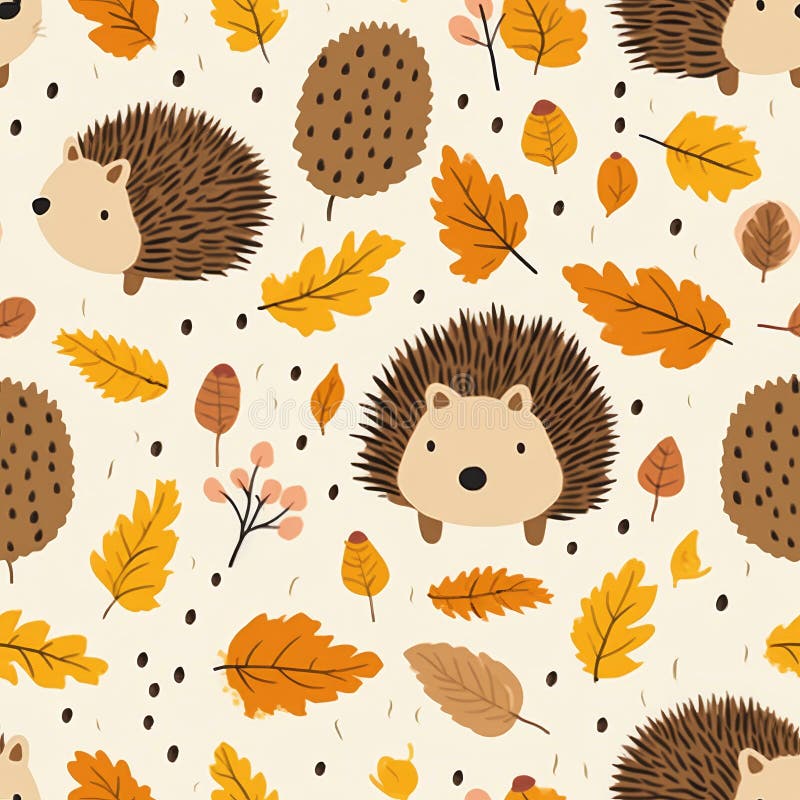 Cute Autumn Themed Pattern - Seamless Hedgehog and Leaves Pattern ...