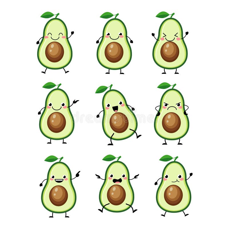 Cute Avocado Characters Set with Different Emitions Vector Illustration ...