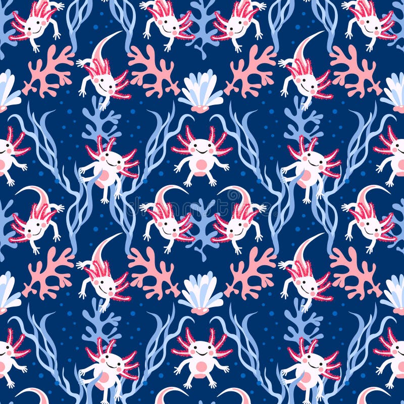 Cute Axolotl Seamless Pattern with Underwater Elements. Hand Drawn ...