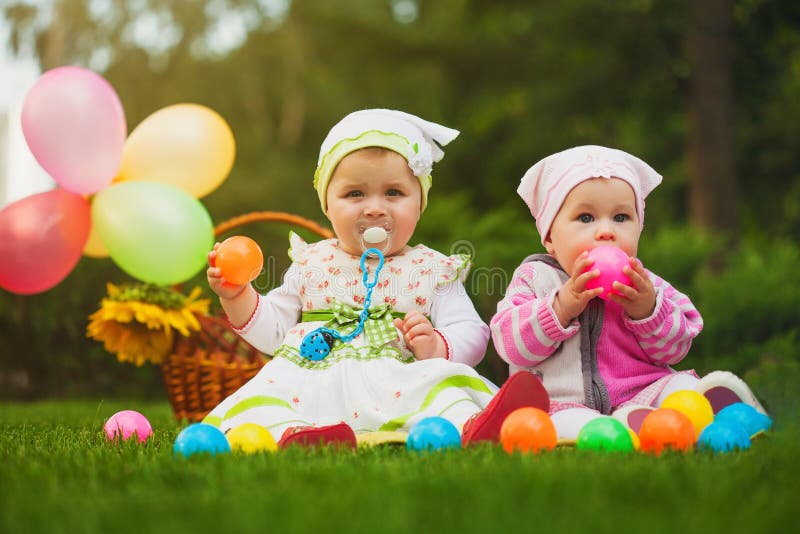 Cute Babies are Playing on the Green Grass Stock Image - Image of trees ...