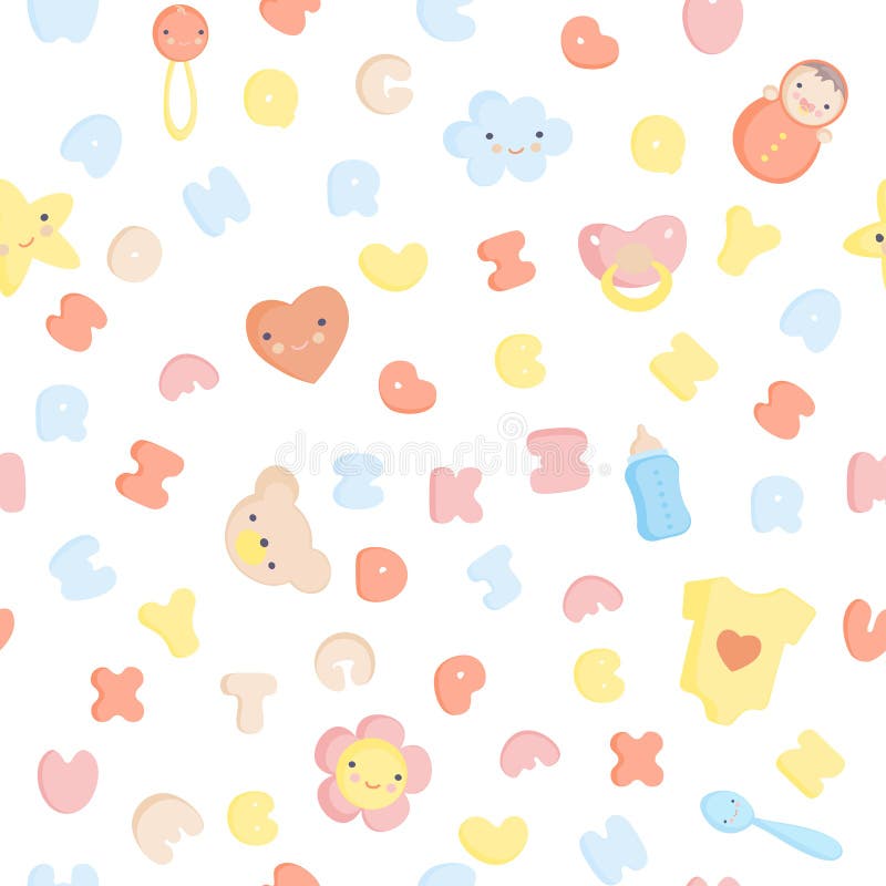 Cute Baby Alphabet and Elements Vector Seamless Pattern Stock Vector ...
