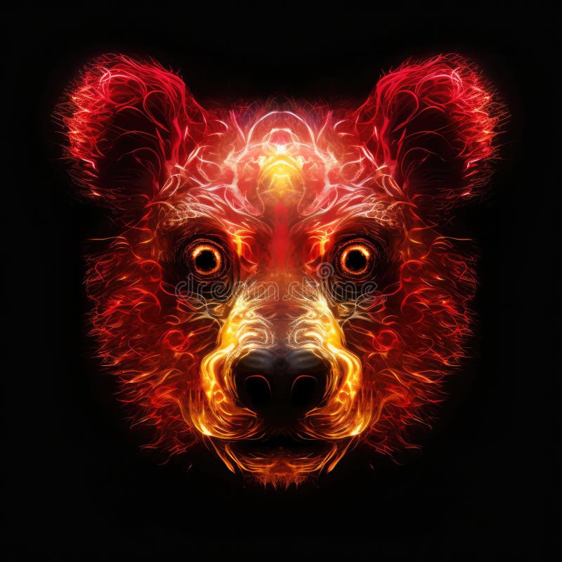 Cute Baby Bear Face Shape in Red Fire on Black Background. Generative ...