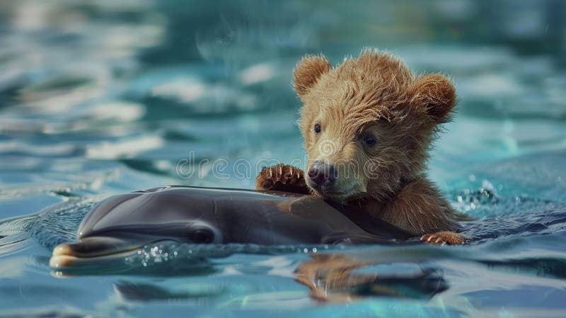 Cute Baby Bear, Swimming with Dolphin. AI Generative Stock Illustration ...