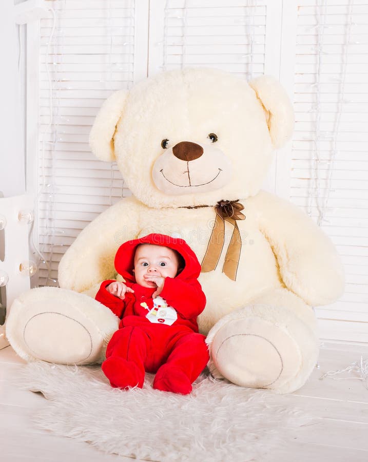 Cute Baby with Big Teddy Bear on White Room Stock Image - Image of ...