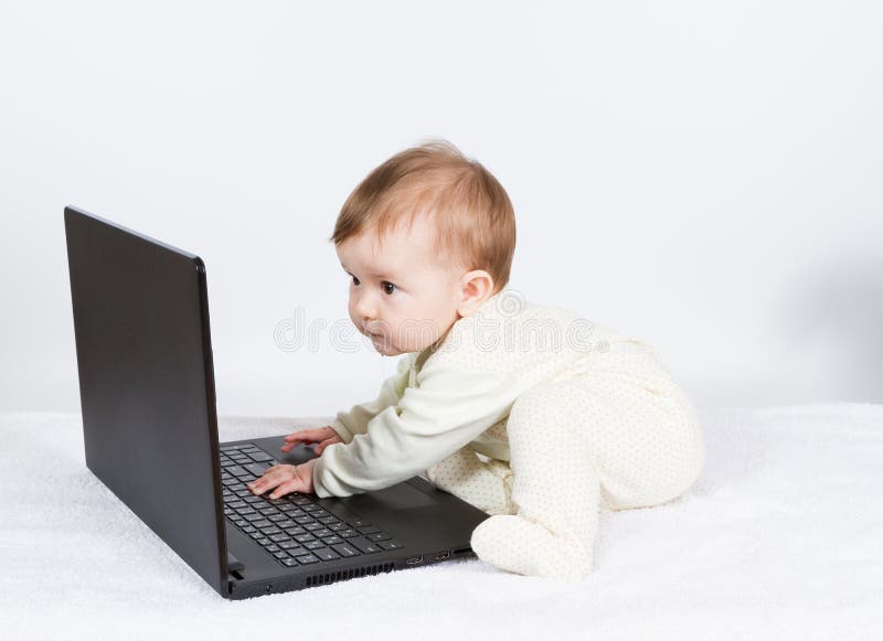 Cute Baby Boy with Black Laptop Stock Image - Image of infancy, life ...