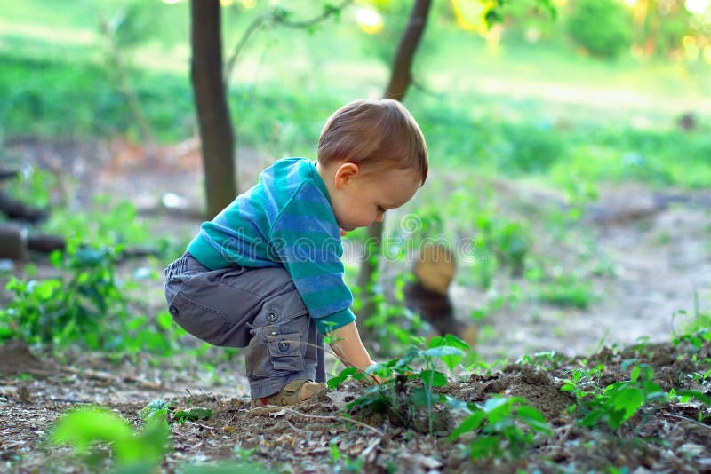 Cute Baby Boy Digging in Ground in Spring Forest Stock Image - Image of ...