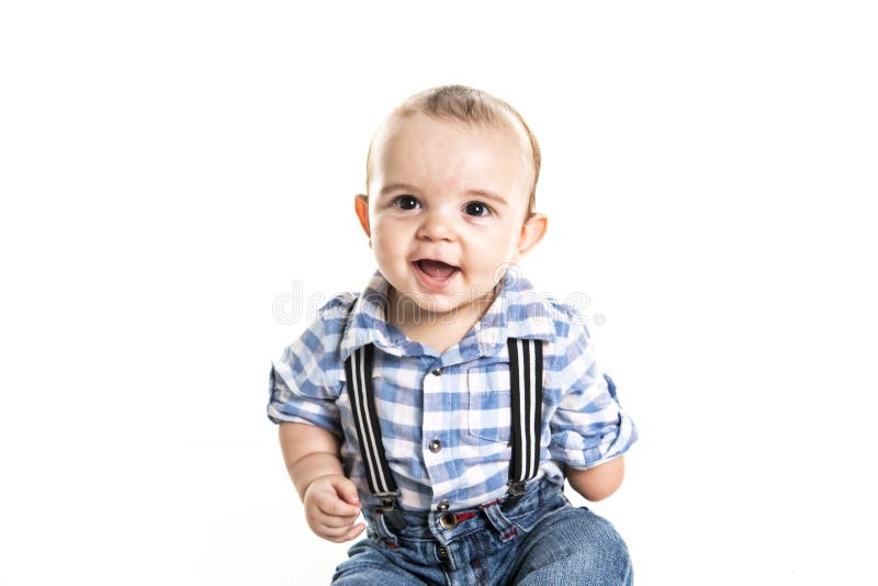 Cute Baby Boy with One Hand Over White Background Stock Image - Image ...