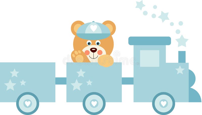 Cute Baby Boy Teddy Bear on Blue Toy Train Stock Illustration ...