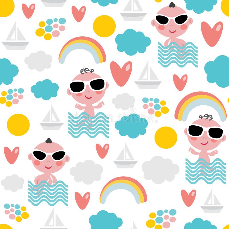 Cute Baby Boy on Vacation Seamless Pattern. Stock Vector - Illustration ...