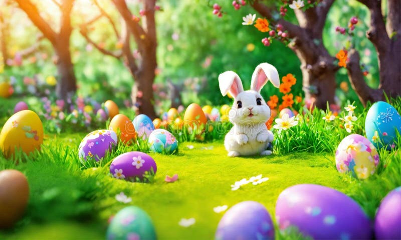 Cute Baby Bunny with Big Ears on Easter Background Generative AI Stock ...