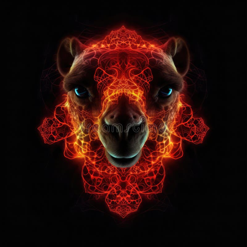 Cute Baby Camel Face Shape in Red Fire on Black Background. Generative ...