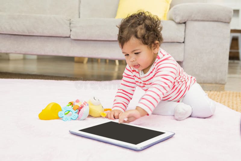 Cute Baby on the Carpet with Tablet Stock Photo - Image of screen ...