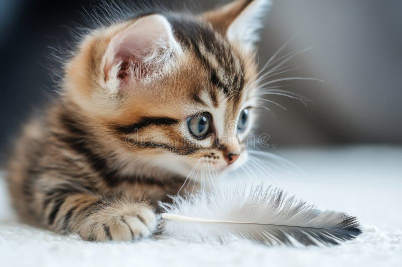 Cute Baby Cat Enjoys Playing with Feather on a Cozy Blanket Stock Photo ...