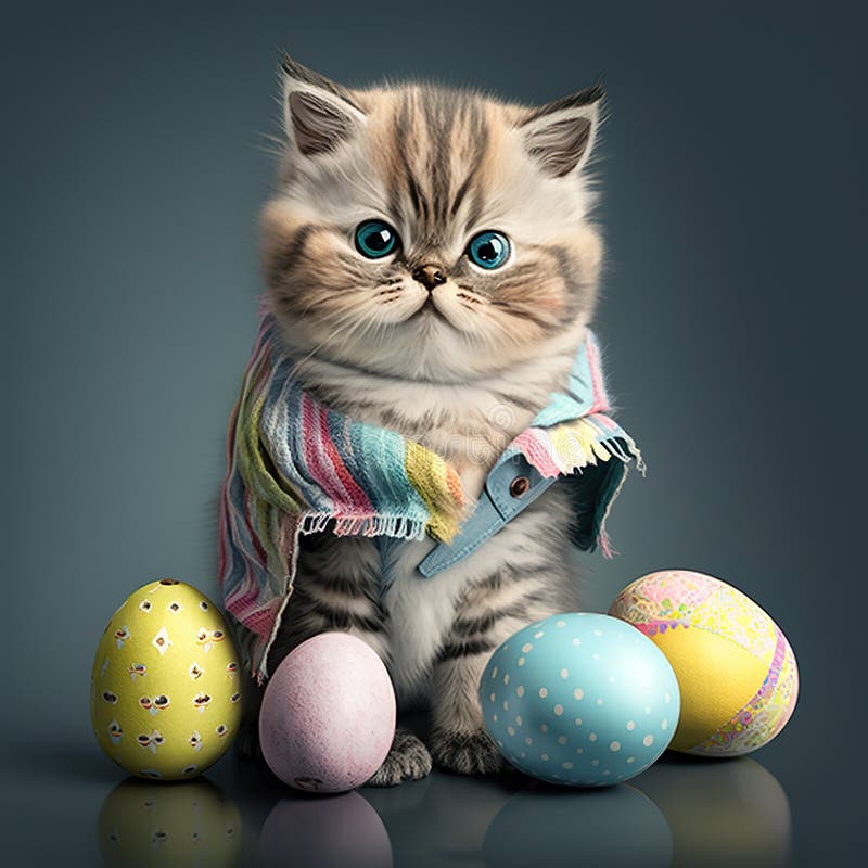 Cute Baby Cat Portrait in Easter Outfit with Easter Eggs and Flowe AI ...