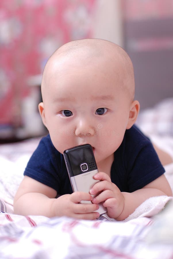 Cute baby with cellphone stock vector. Illustration of child - 9624657