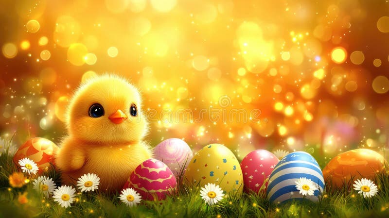 Cute Baby Chick with Colorful Easter Eggs in a Sparkling Spring Meadow ...