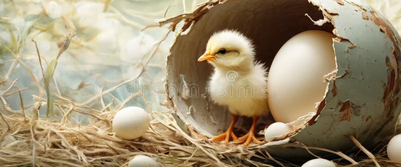 Cute Baby Chick Hatching from a Broken Egg in Nest Stock Image - Image ...