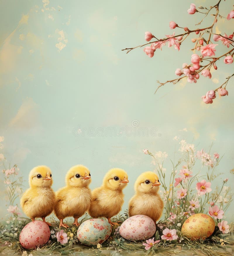 Cute Baby Chicks with Colorful Eggs and Blooming Flowers in Spring ...