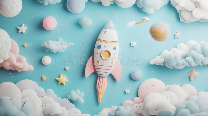 Cute Baby or Child Background, White Clouds and Rocket on Blue ...