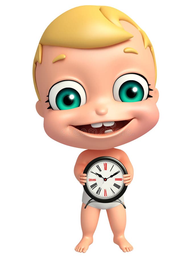 Cute baby with Clock stock illustration. Illustration of learning ...