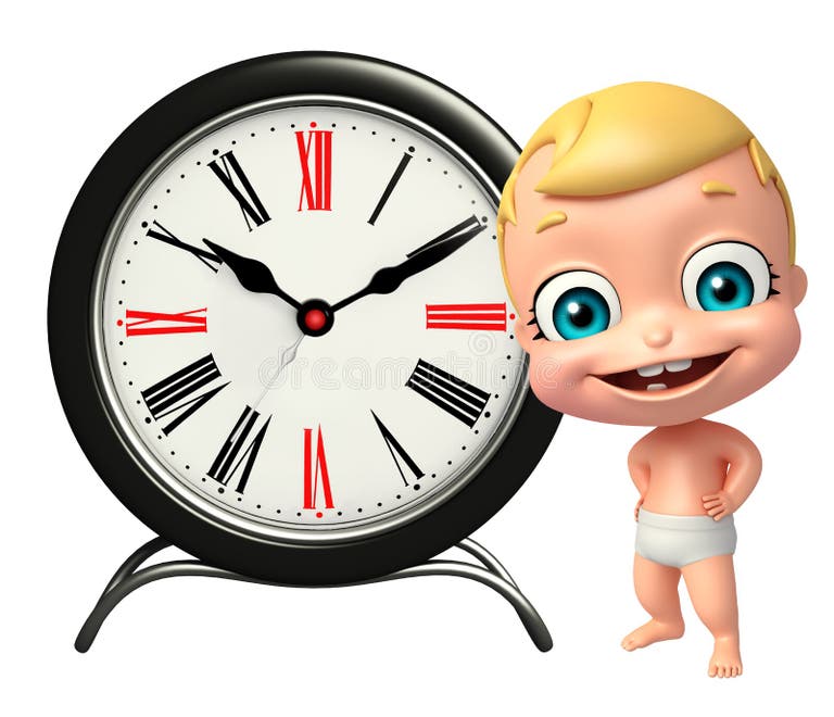 Cute baby with Clock stock illustration. Illustration of student - 77574658