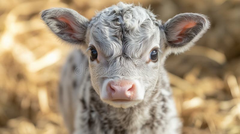 Cute Baby Cow with Curly Fur in Straw Filled Barn Setting Stock ...