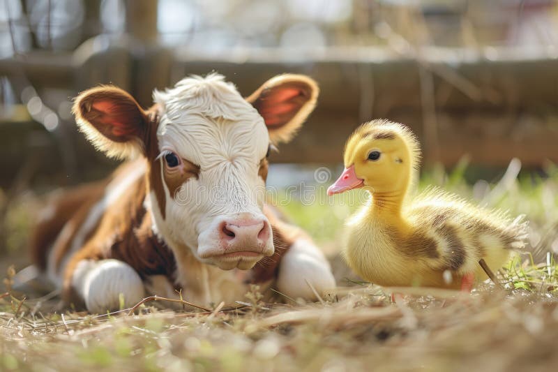 A Cute Baby Cow and a Duckling are Lying in the Grass Stock Image ...