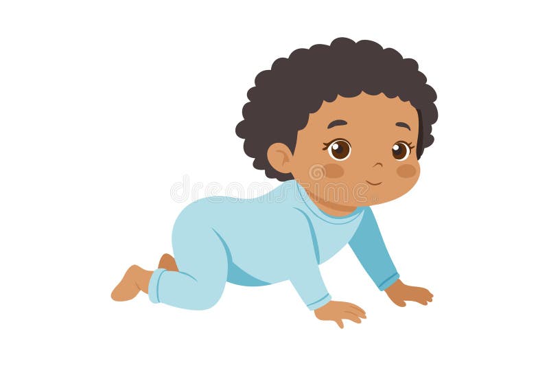 Cute Baby Crawling in Blue Outfit on White Background Stock ...