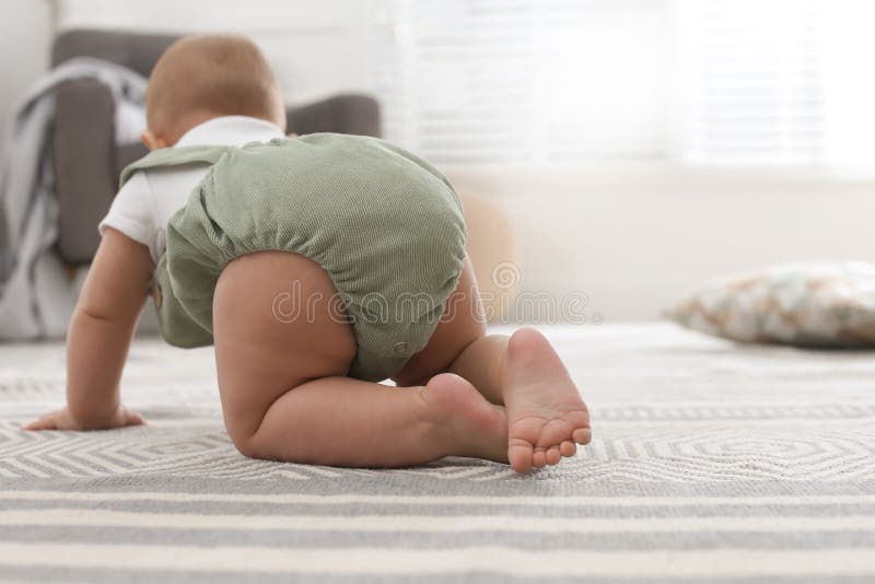 Cute Baby Crawling at Home, Focus on Legs Stock Image - Image of girl ...
