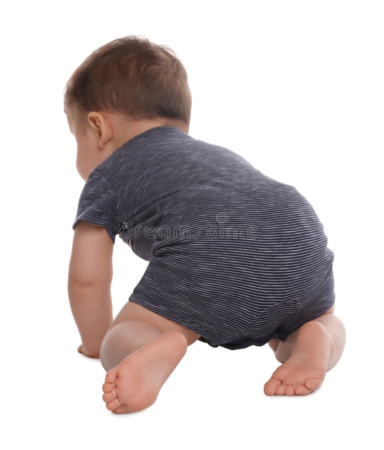 Cute Baby Crawling on White Background, Back View Stock Image - Image ...