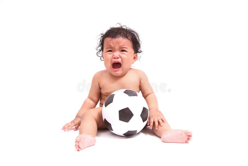 Cute Baby Cry with Ball on White Stock Image - Image of human, cute ...