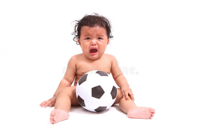 Cute Baby Cry with Ball on White Stock Image - Image of cute, face ...