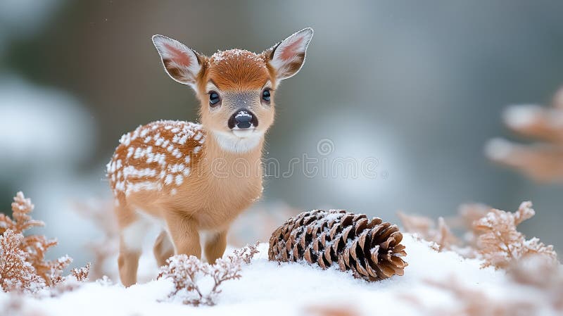 A Cute Baby Deer in Snowy Landscape Stock Illustration - Illustration ...