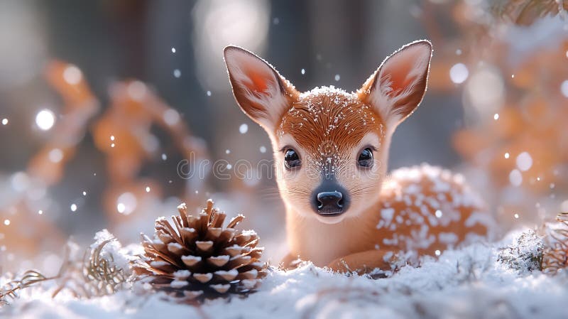 A Cute Baby Deer in Snowy Landscape Stock Illustration - Illustration ...