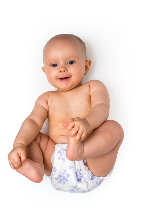 Cute Baby in Diaper Lying on Back - Isolated on White Stock Image ...