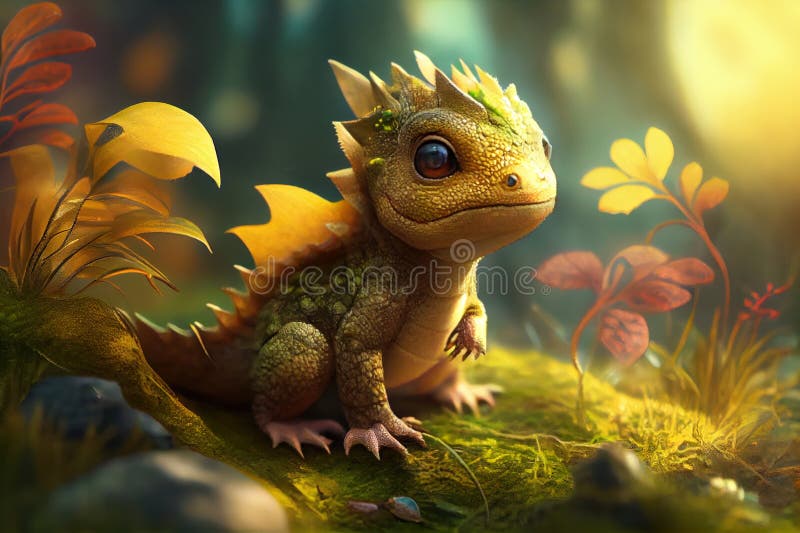 Cute baby dragon in forest stock illustration. Illustration of mountain ...