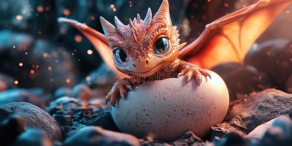 Cute Baby Dragon Hatching from Egg in Magical Environment with Glowing ...