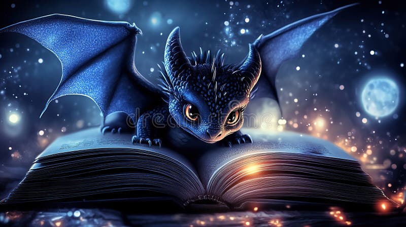 Cute Baby Dragon Reading Book, Night, Fantasy, Magic Stock Photo ...