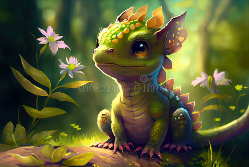 Cute baby dragon in forest stock illustration. Illustration of small ...