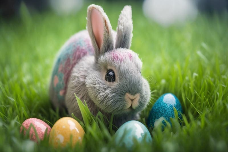 Cute Baby Easter Bunny Sitting with Painted Easter Egg in the Grass ...