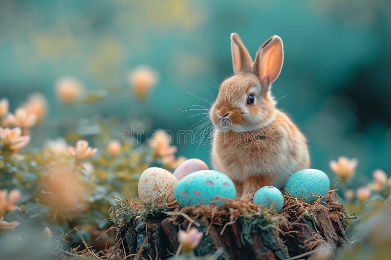 Cute Baby Easter Rabbit Sitting on Stump in Spring Forest among Pastel ...