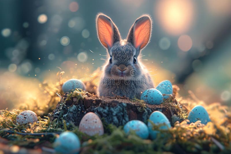 Cute Baby Easter Rabbit Sitting on Stump in Spring Forest among Pastel ...